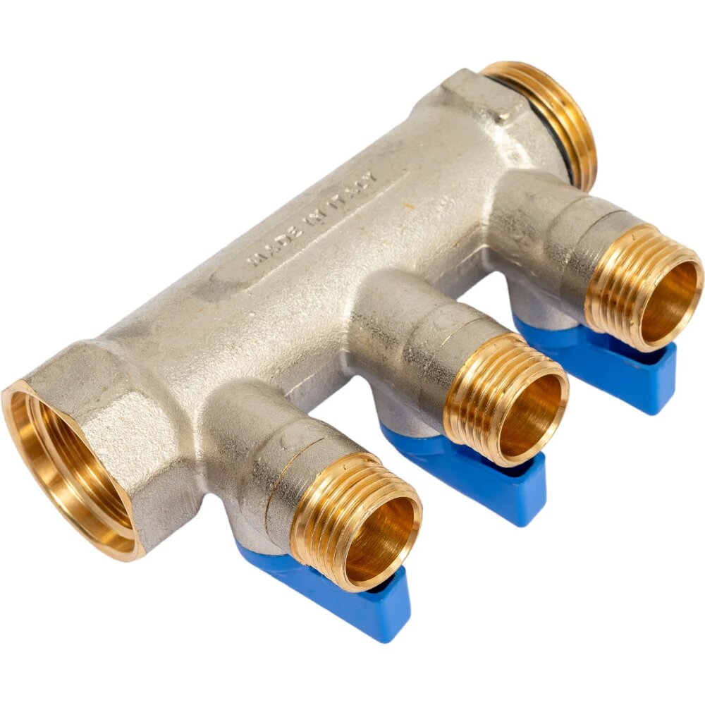 Коллектор с шаровыми кранами STOUT Smb 6211 011203 1", 3 отвода 1/2", синие ручки