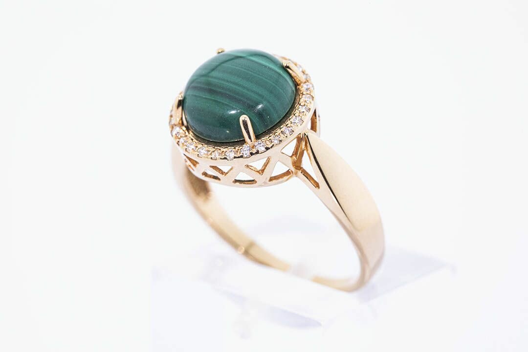 Кольцо тонкое, серебро, 925 проба, фианит, малахит