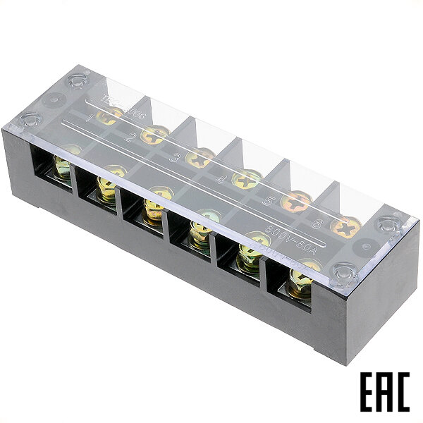 Блок клеммный 6 пар винтовых клемм 6,0 кв. мм с прозр. крышкой Ruichi TBC-6006 (2 шт. в комплекте)