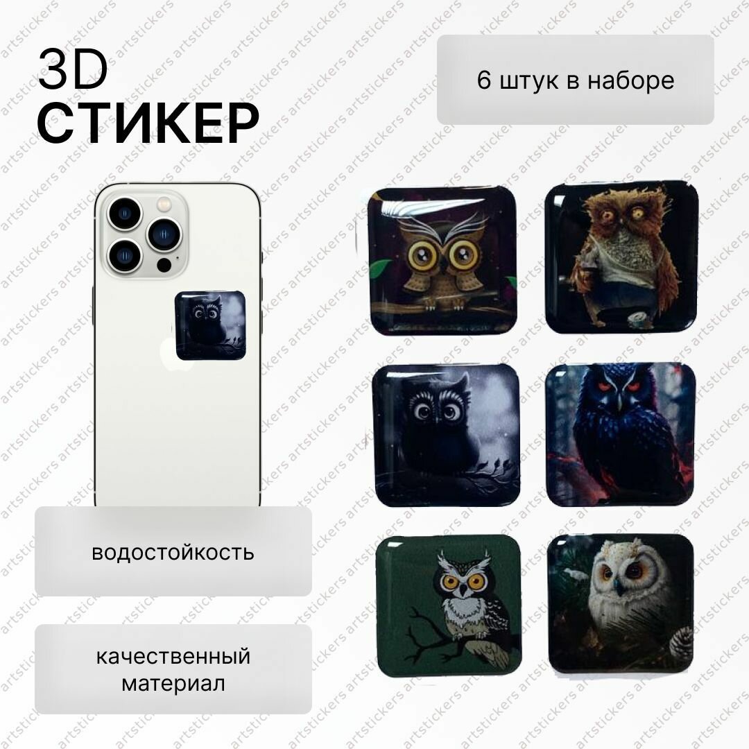 Стикеры 3D на телефон, Совы, обьемные, размер 3х3см, набор 6шт
