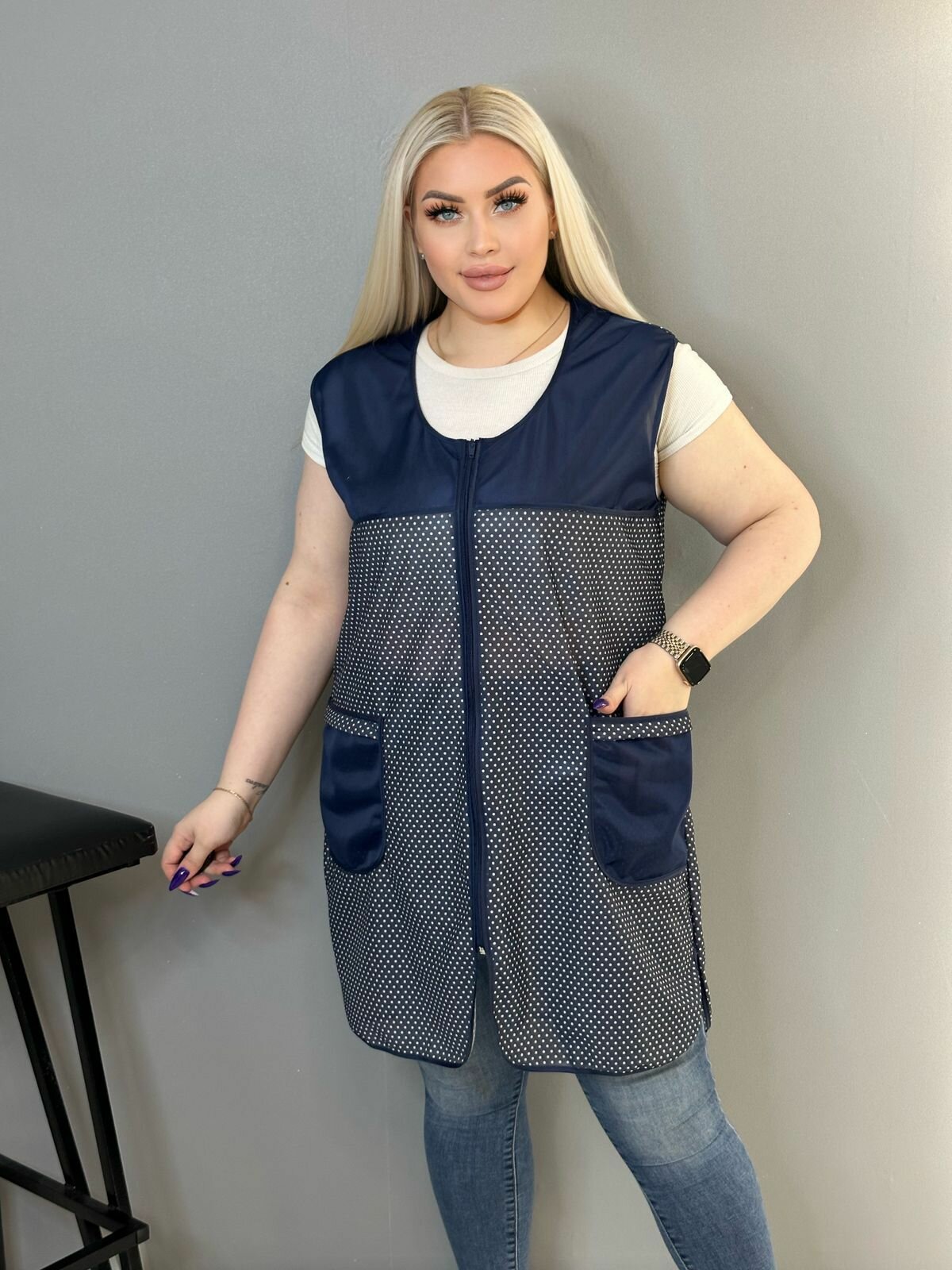 Комбо Халат SPECMED-ODEGDA Комбо 2, без рукавов, темно-синий в горох, полиэстер, на молнии