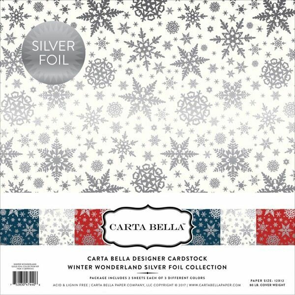 Набор Кардсток Winter Wonderland, с фольгированием серебро, размер 30х30 см, 3 листа, Crate Paper