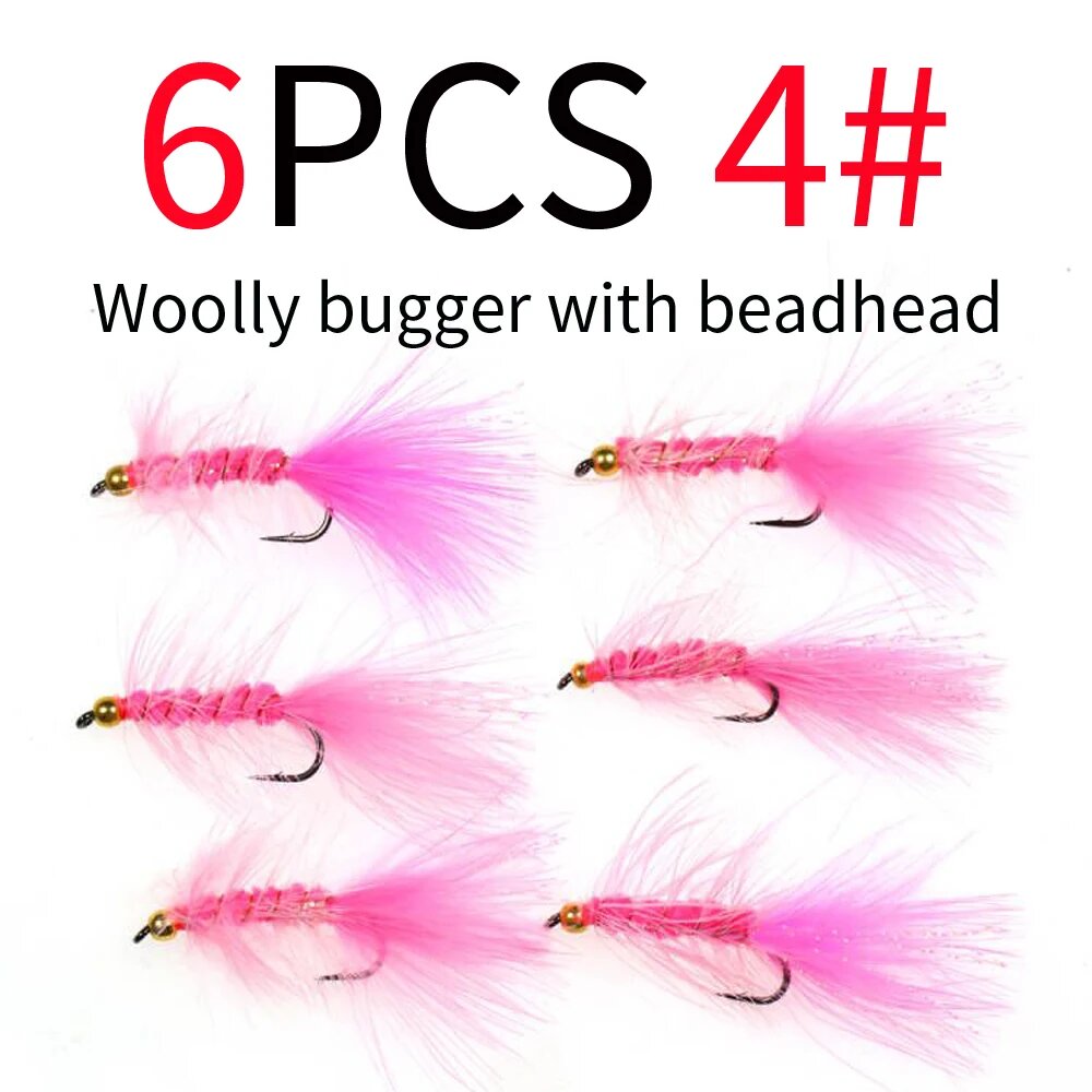 Vampfly Woolly Bugger Streamer Мушки для нахлыста 6 шт, розовый Beadhead 6pcs Size 4