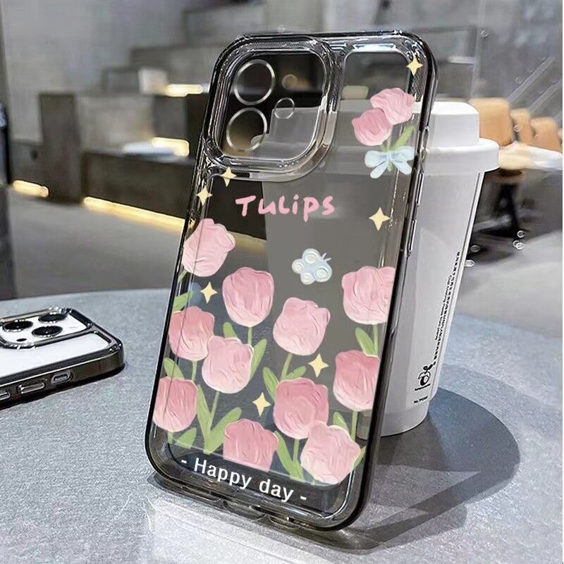 Чехол HUAFEI "Розовые тюльпаны" для iPhone 12 Mini, ТПУ, прозрачный, серый