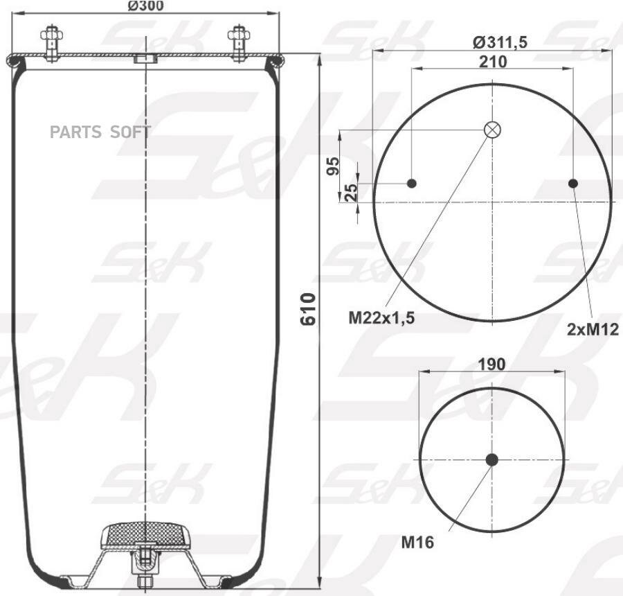 SK942P01PL S&K "Premium Line" Пневморессора без поршня [Верх: 1*M22, 2*M12 | Низ: 1*М16] [Гарантия 3 года]