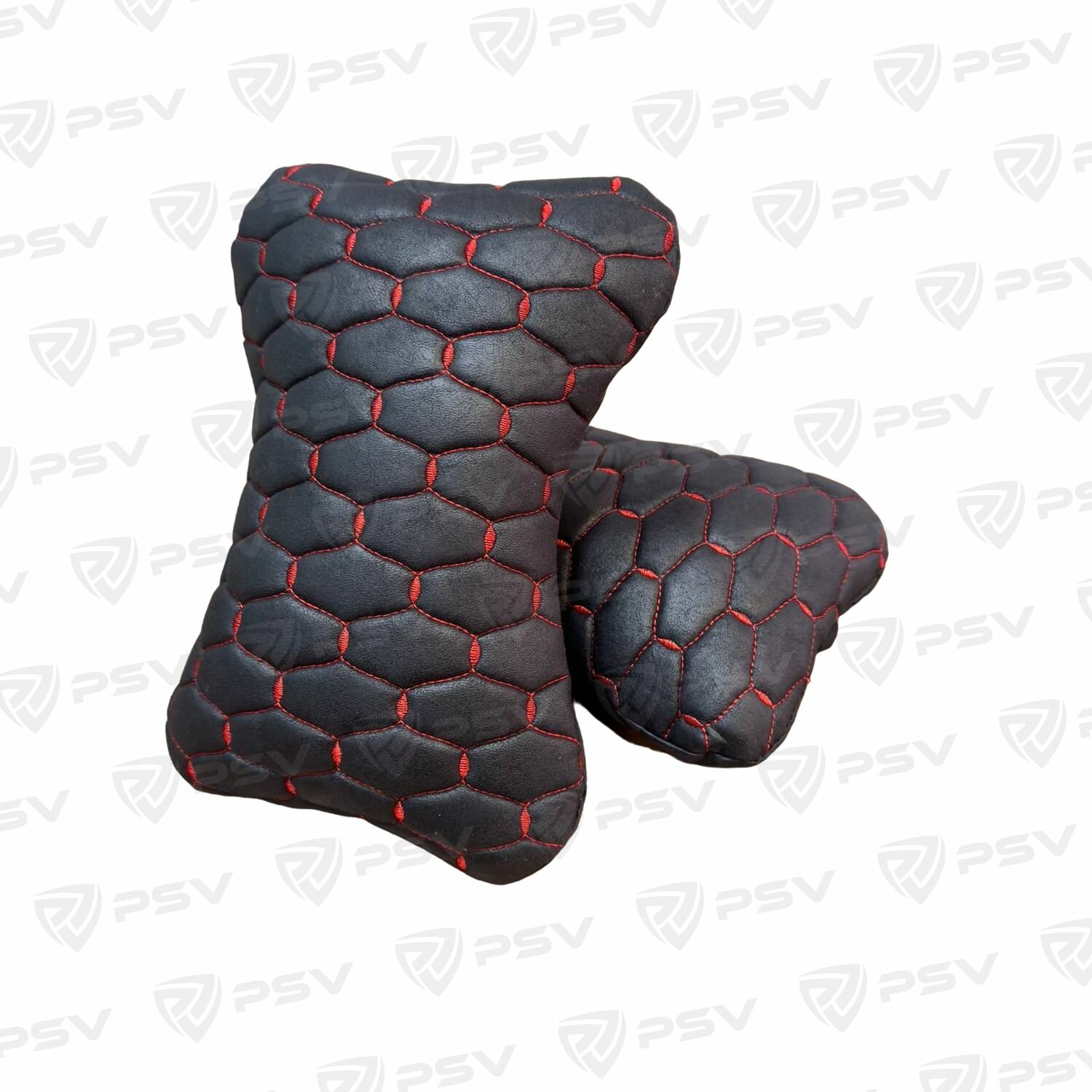 Подушка автомобильная в машину на подголовник PSV Skin (Черный/Отстрочка Красная), мокрая кожа, 2 штуки