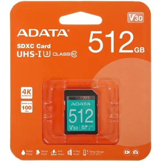 Карта памяти Adata 512Gb Premier Pro SDXC UHS-I U3 V30 (100/85 MB/s)