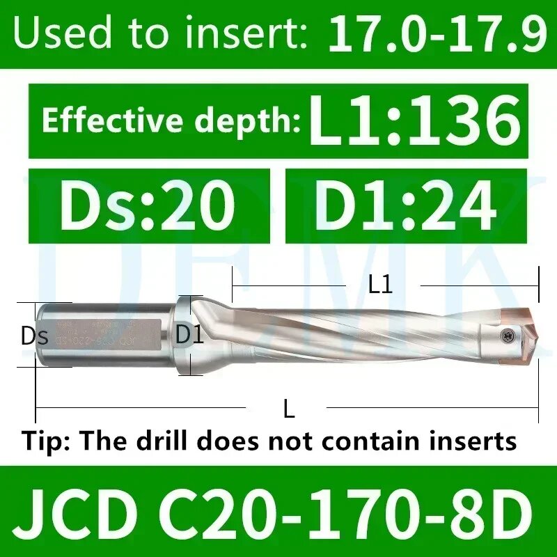 Сверло JCD C20-170-8D, Ds:20, D1:24, L1:136, 17.0-