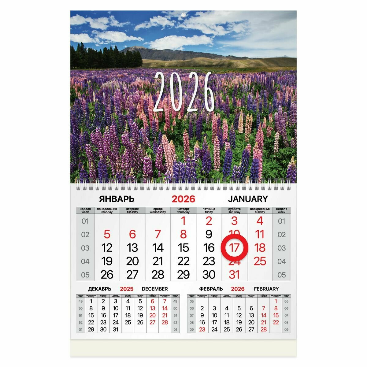 Календарь настенный квартальный на 2026 год 1 блок Brauberg "Люпины", мелованная бумага, магнитный курсор (116915)