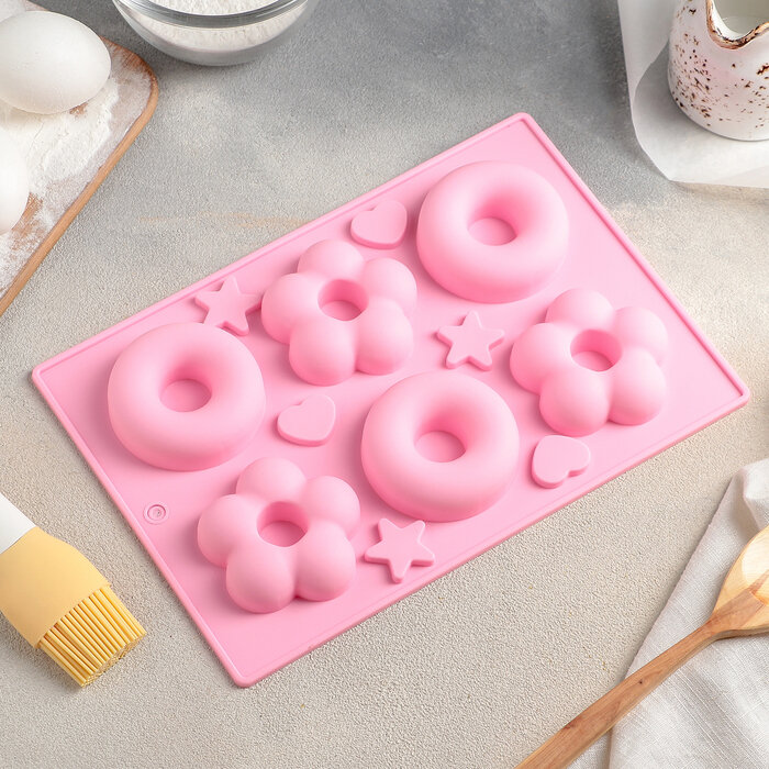 !09 Форма для выпечки «Немецкий кекс. Пончик и Ромашка», 25,5×17,5 см, 6 ячеек, цвет микс