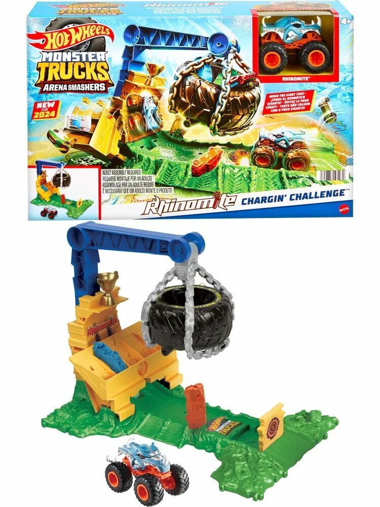 Hot Wheels Monster Trucks Rhinomite Chargin Challenge игровой набор с 1 игрушечным грузовиком и 2 разбитыми машинками