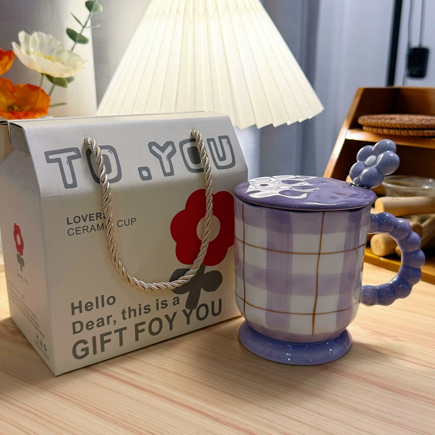 Фиолетовая кружка в клетку с крышкой и ложкой, керамическая чашка, парные чашки для воды, подарок на день рождения для