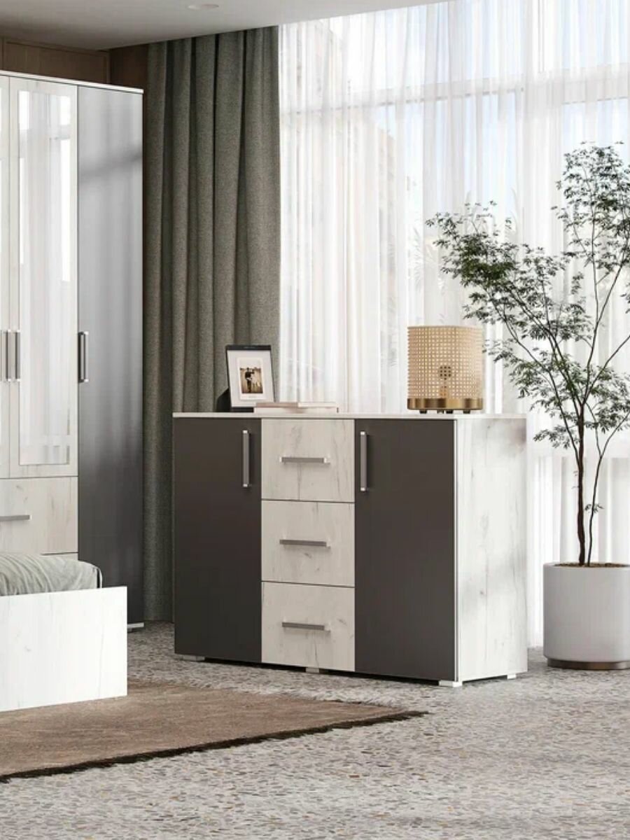 Комод Фиеста NEW 1202х908х446, Дуб Крафт Белый/Графит, 3 ящика, 2 двери, МИФ