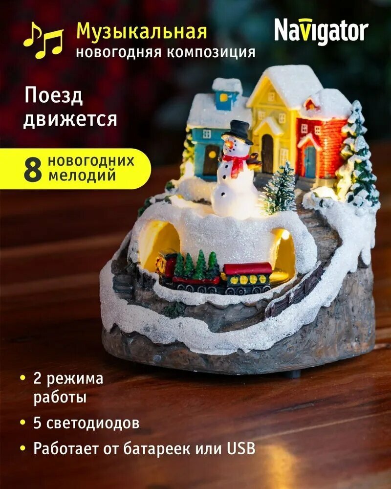 Фигурка декоративная снеговик и поезд, высота 15 см, длина 12 см