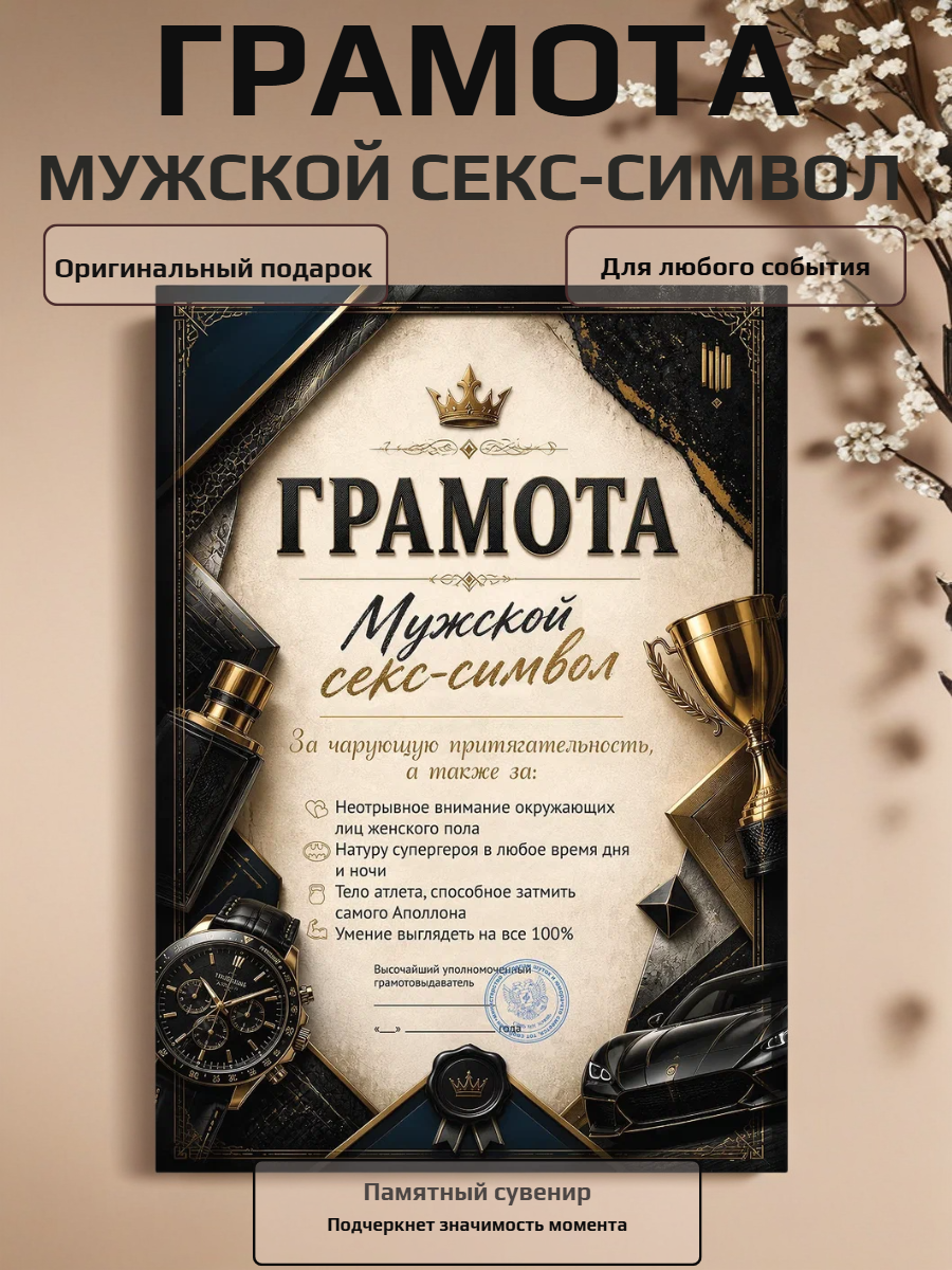 Грамота Филькина грамота "Мужской секс-символ", в подарок, на 23 февраля, картон, А4