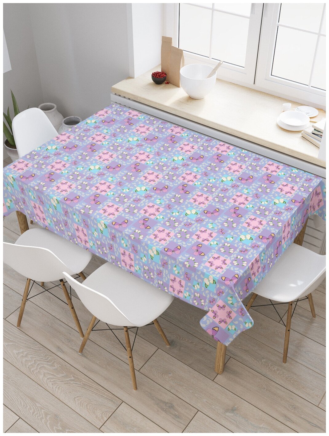 Прямоугольная тканевая скатерть на стол с рисунком "Бабочки на плитках" 145 на 180 см, JoyArty
