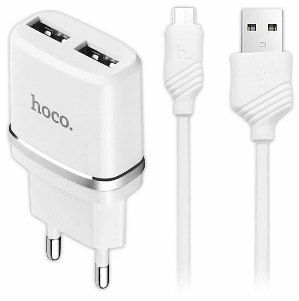 Зарядное устройство Hoco C12 -2usb+шнур Micro Usb(белый)