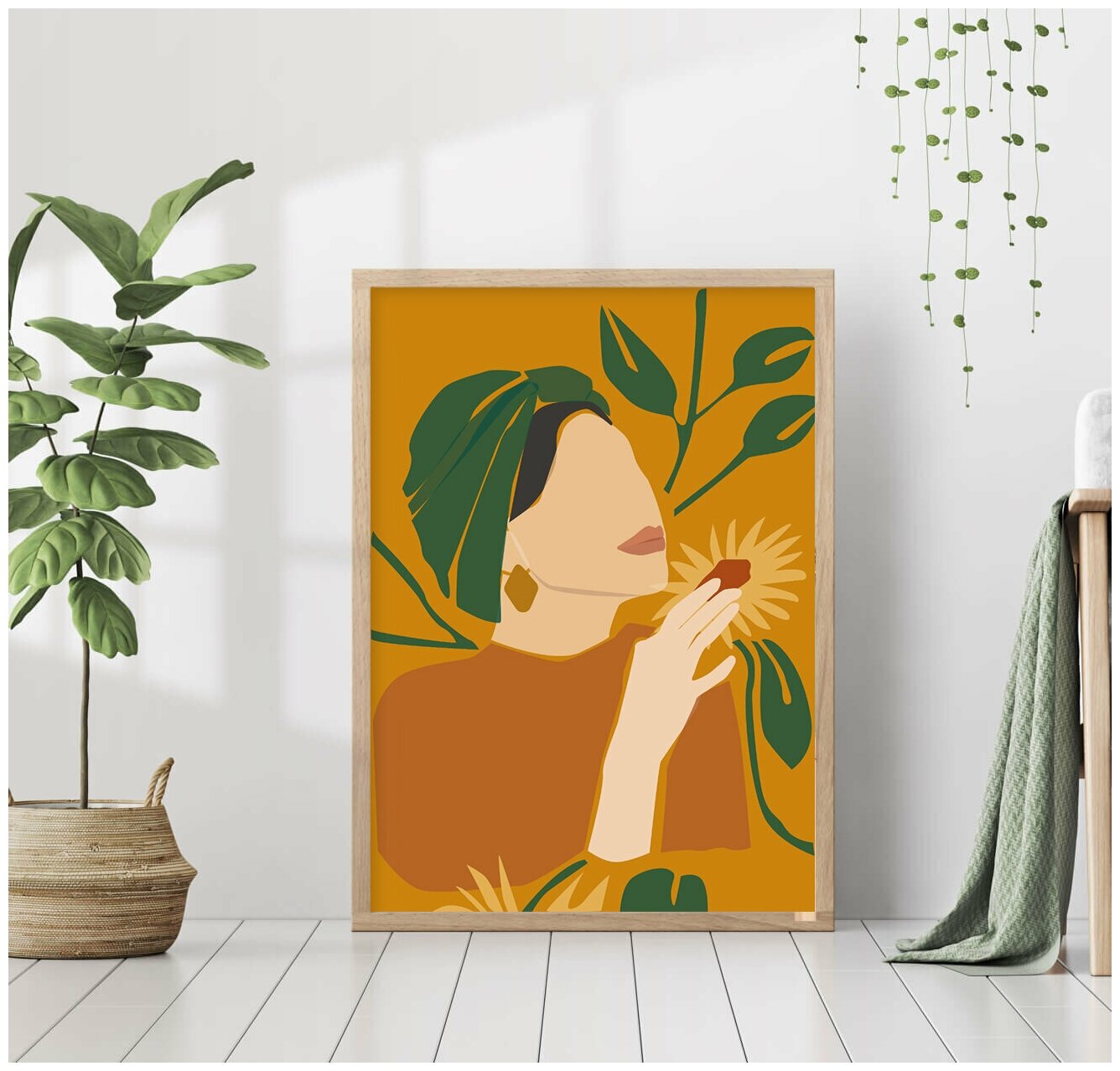 Постер "Рисунок в стиле бохо, портрет девушки в чалме" 40x50 без рамки на стену для интерьера