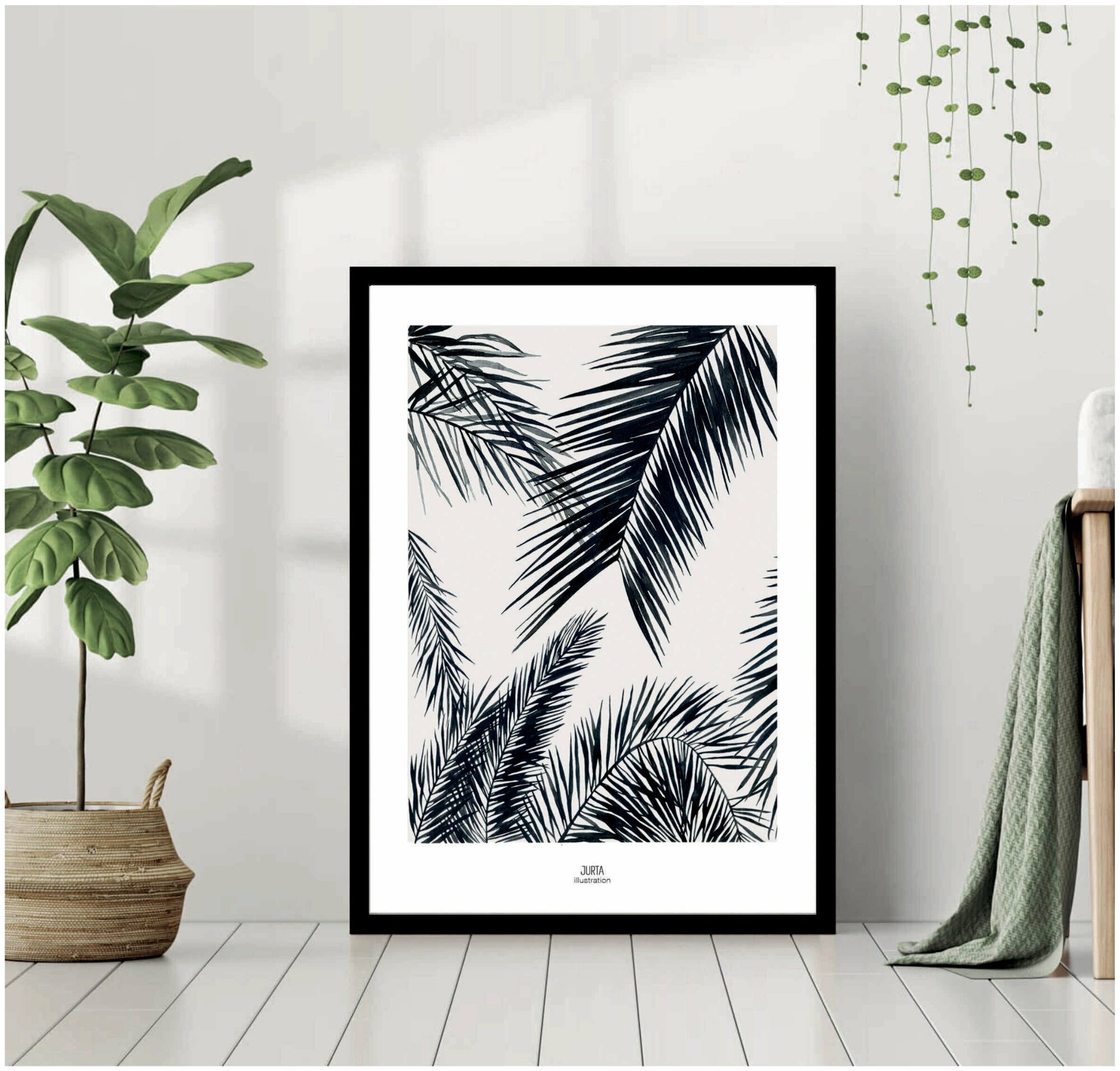 Постер "Листья пальмы, монохром" 50x70 в черной рамке на стену для интерьера