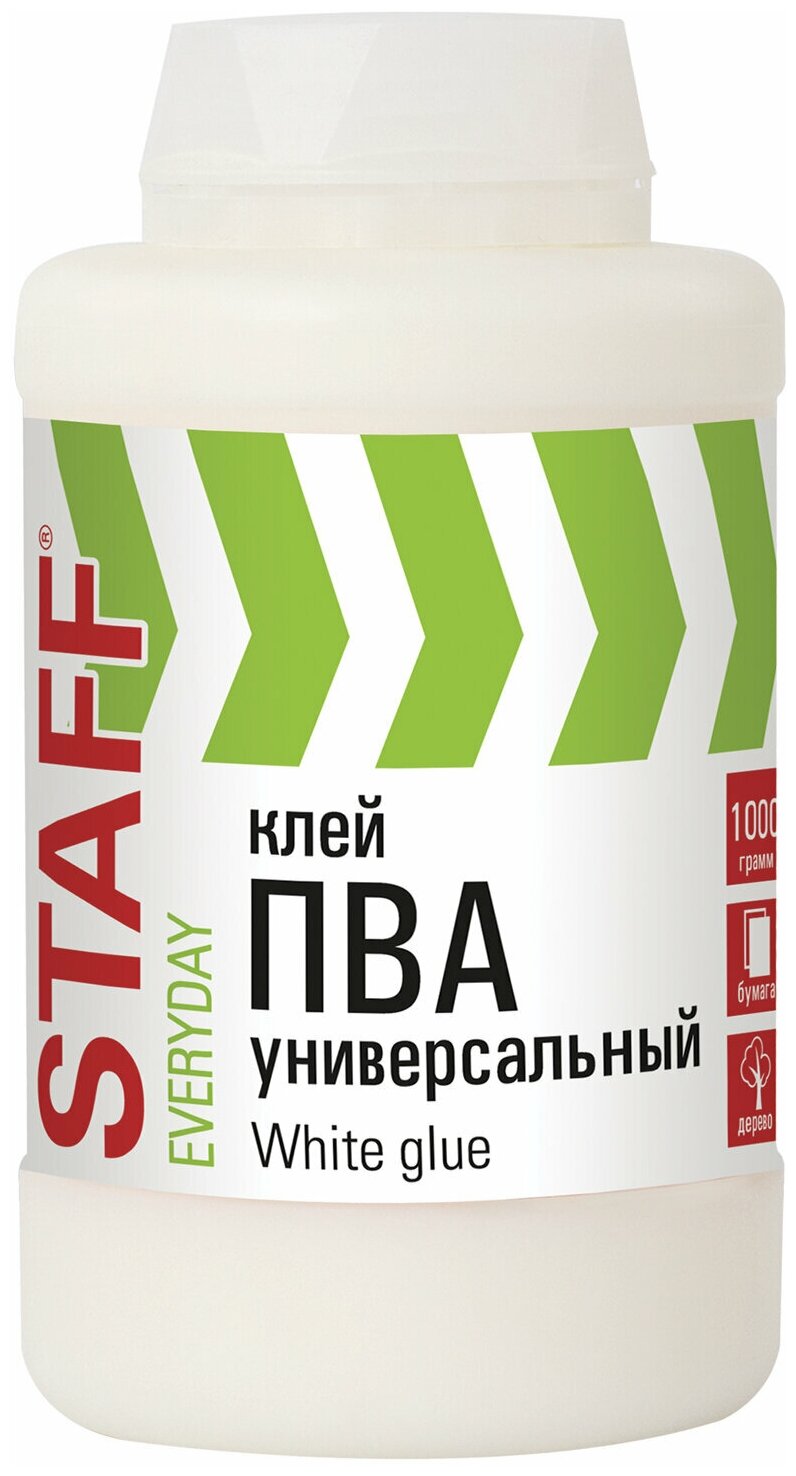 Клей ПВА универсальный 1 кг (бумага, картон, дерево), STAFF, 606431 (цена только за 1 шт.)