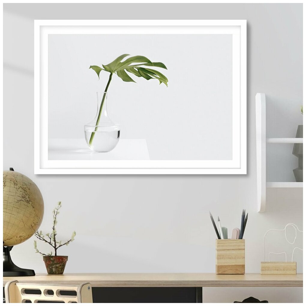 Постер "Лист монстеры в стеклянной вазе" 40x50 в белой рамке на стену для интерьера