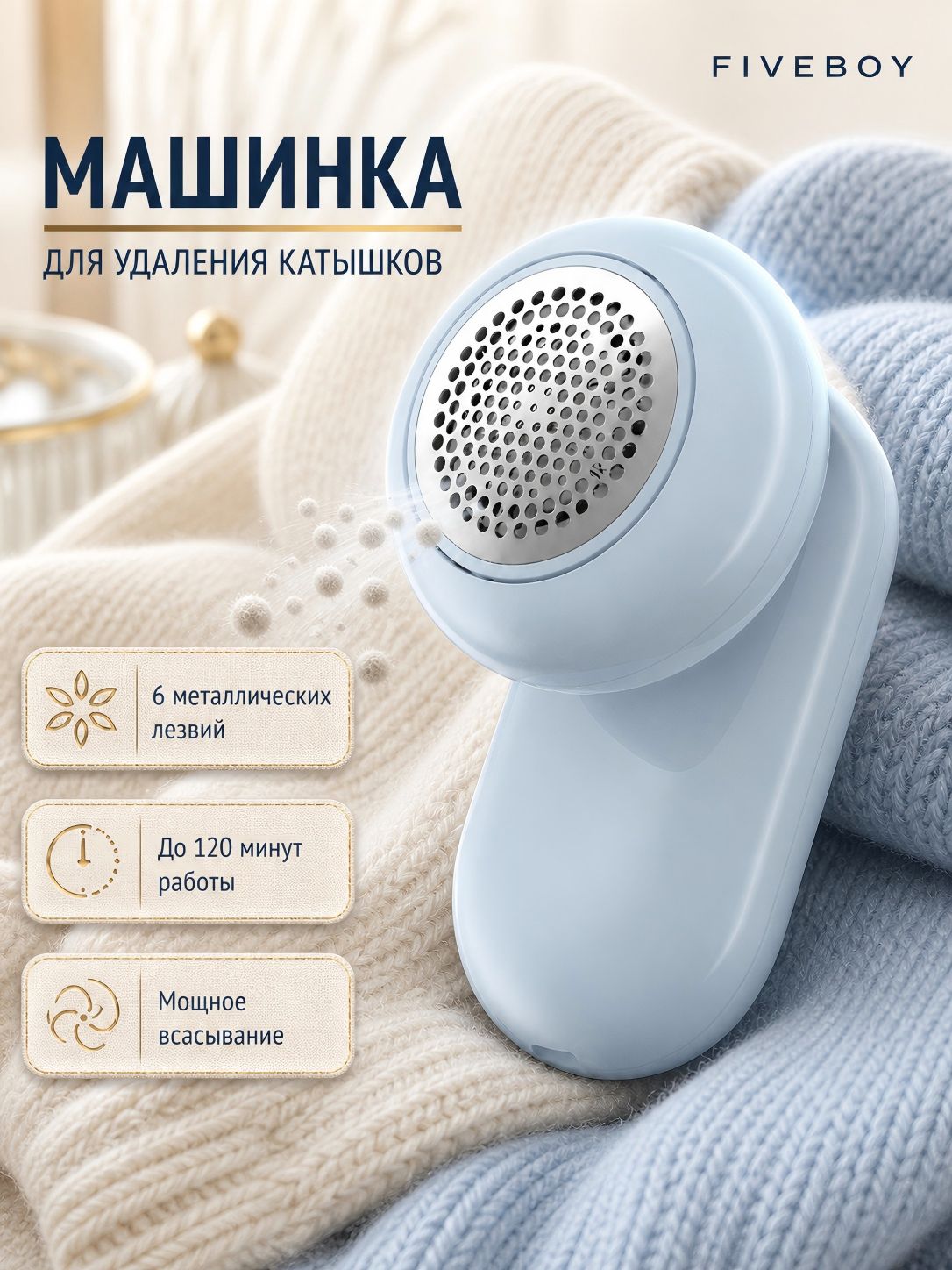 Машинка для удаления катышков с одежды, fiveboy, удалитель катышков и ворса, аккумуляторная, Type-C, 6 лезвий, 120 мин