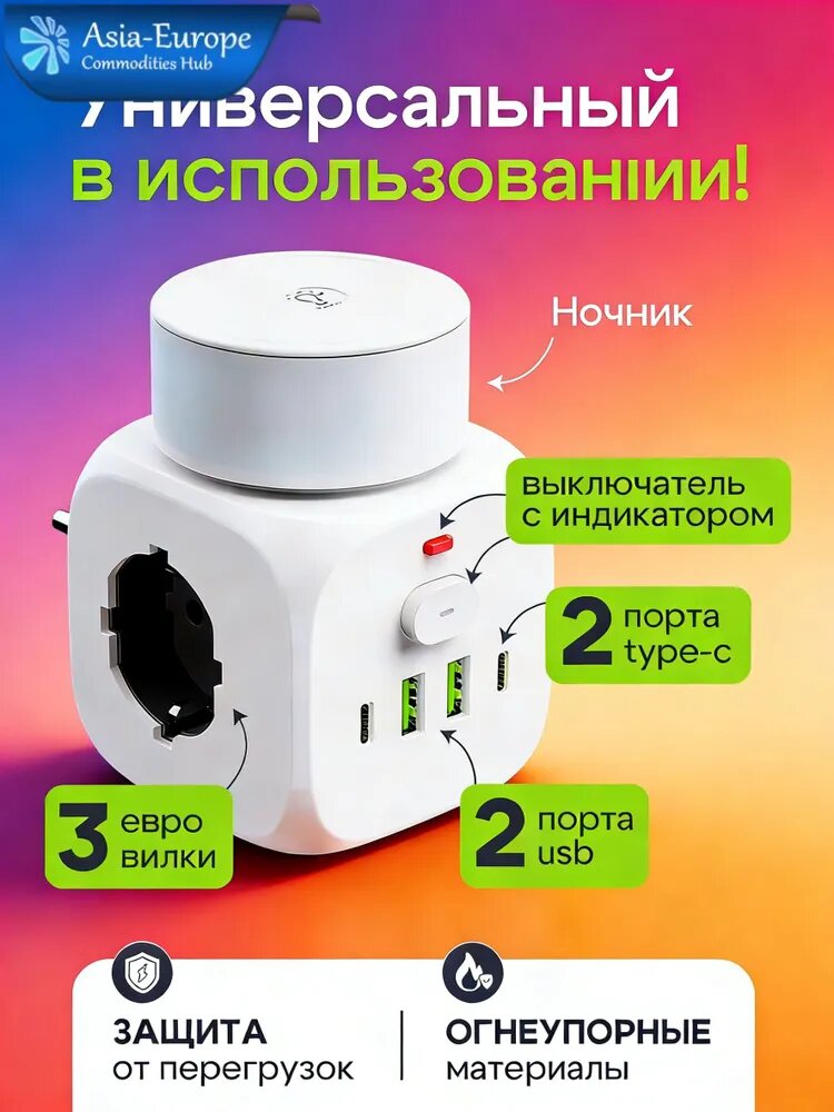 Тройник с эксклюзивным сенсорным ночником, разветвитель сетевой оснащен портами Type C и USB