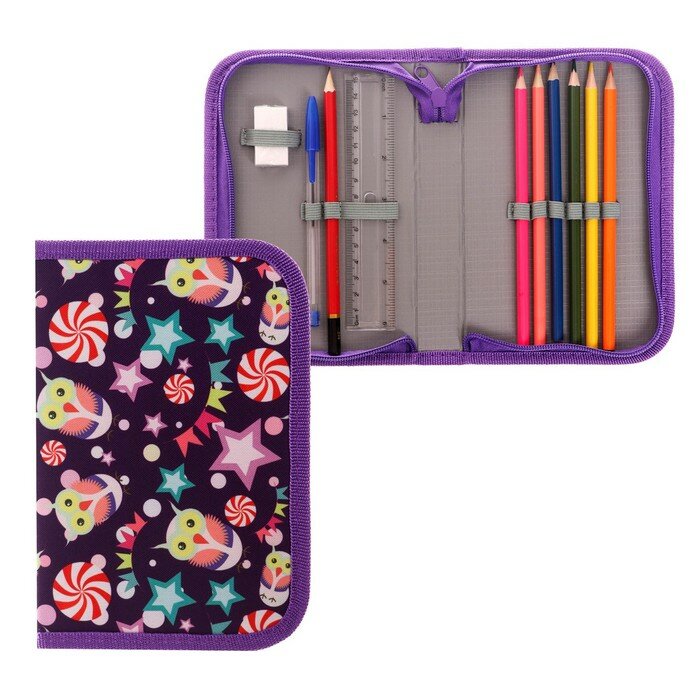 Пенал школьный «Совы», 13×19.5 см, на молнии, 1 секция, с наполнением, ткань