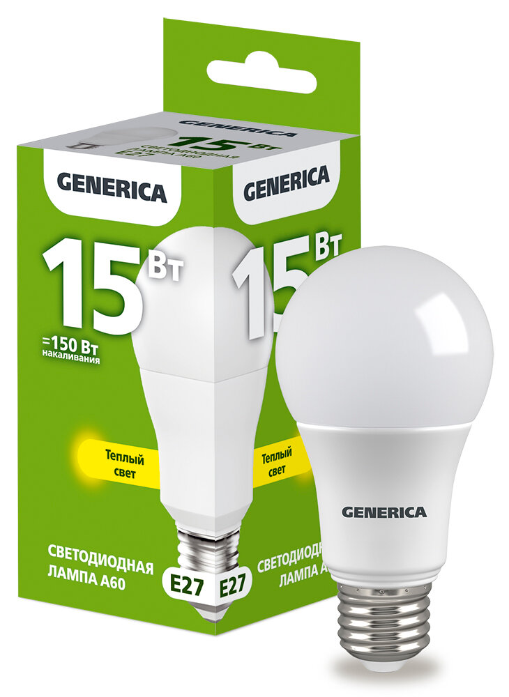 Лампа LED A60 груша 15Вт 230В 3000К E27 GENERICA