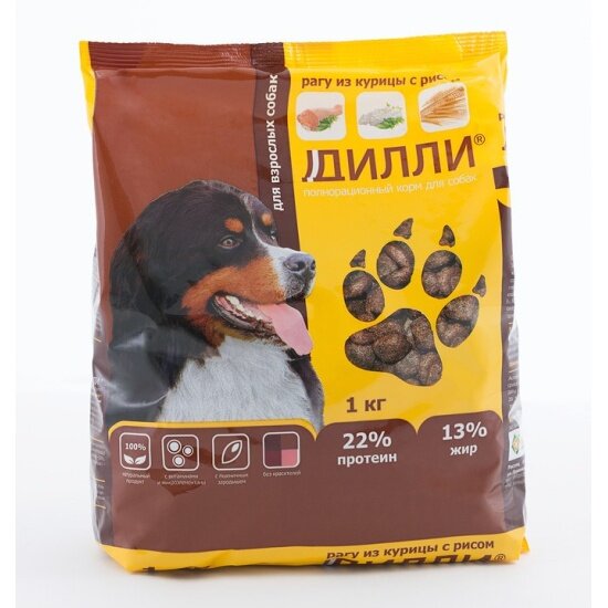Корм сухой Дилли полнорационный для взрослых собак "Рагу из курицы с рисом", 1кг