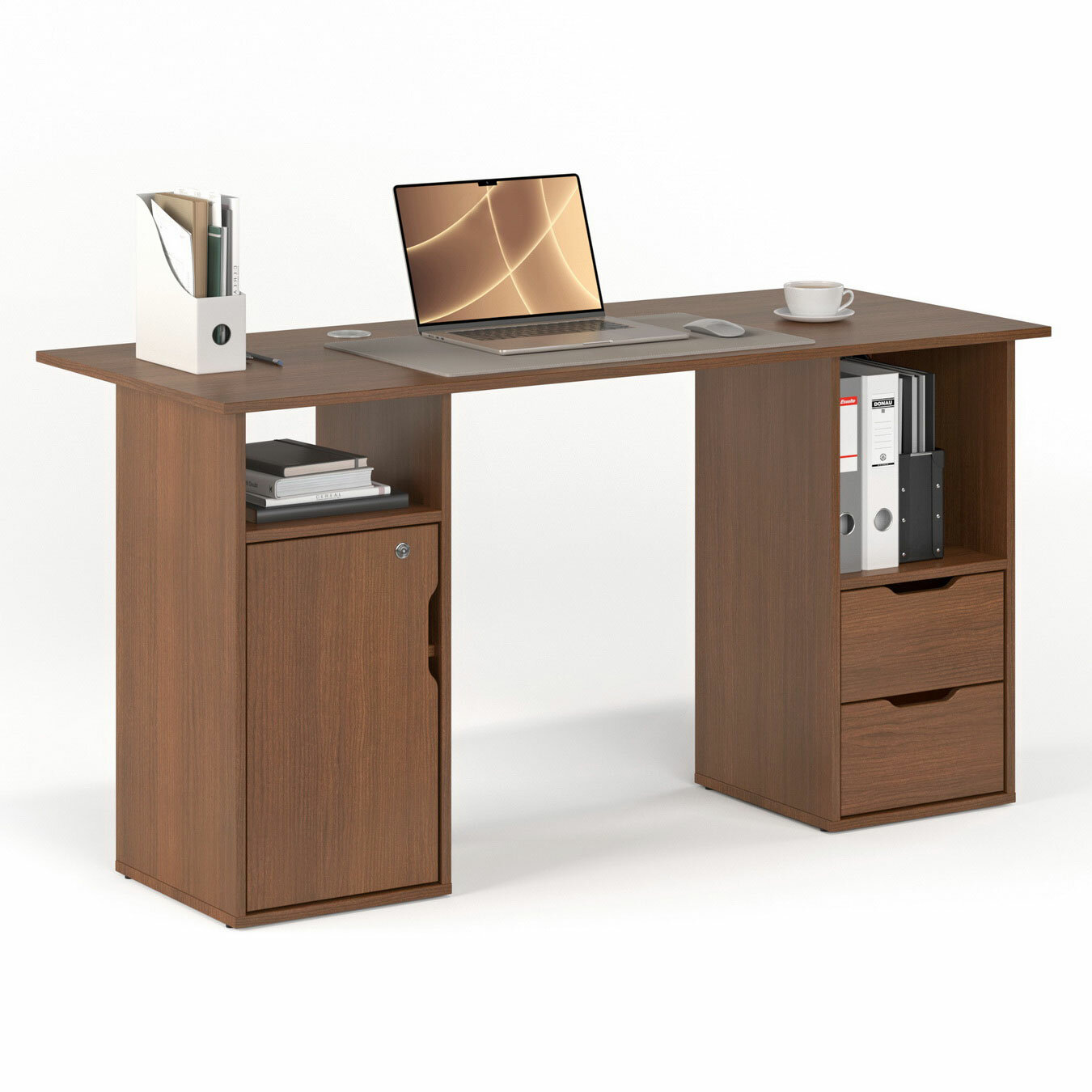 Двухтумбовый письменный стол с двумя ящиками, высокой нишей для папок и дверцей с замком МагМебель №74 орех
