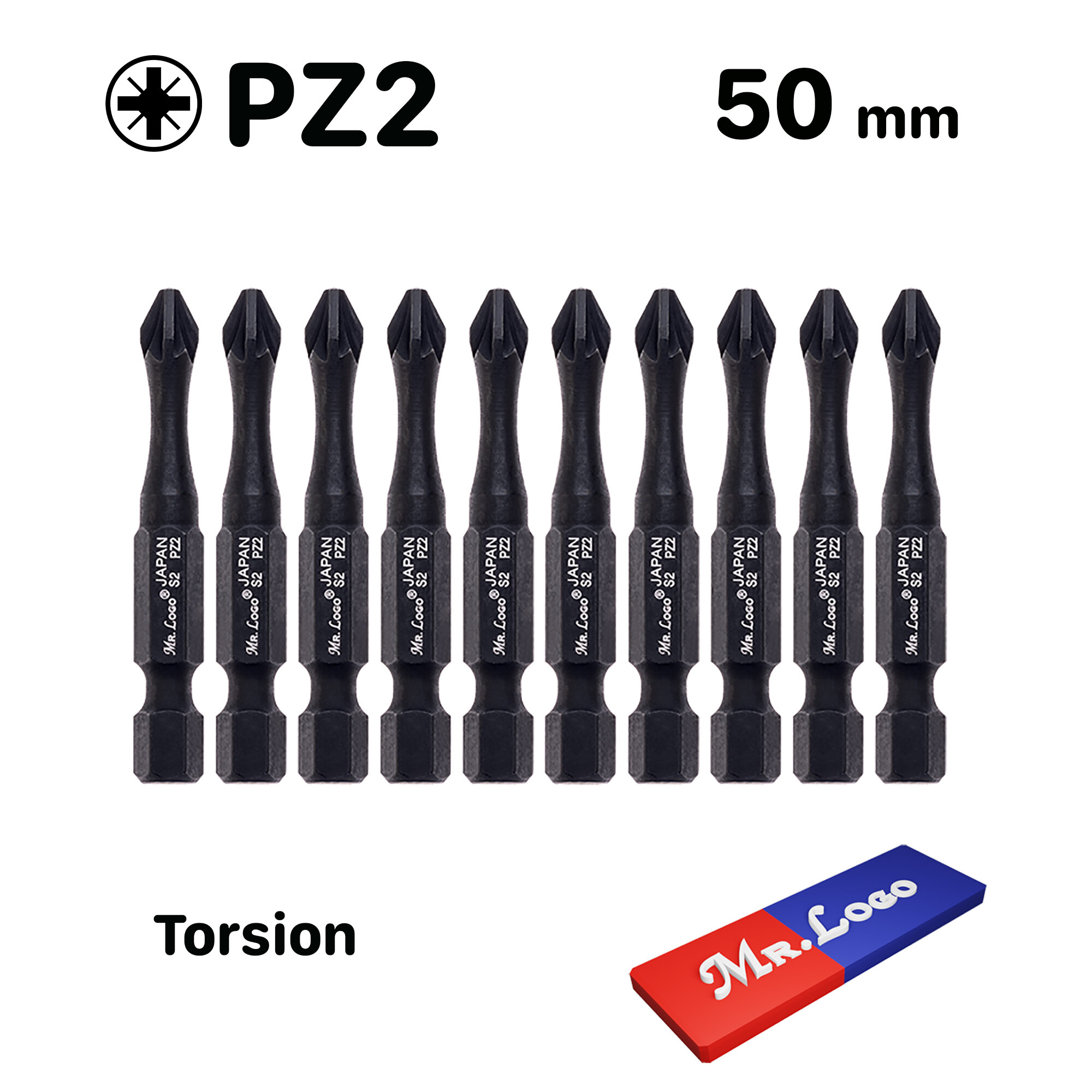 Бита Торсионная PZ2 x 50 мм Mr. Logo, Сталь - S2, арт. A050PZ2T-10, 10 шт.