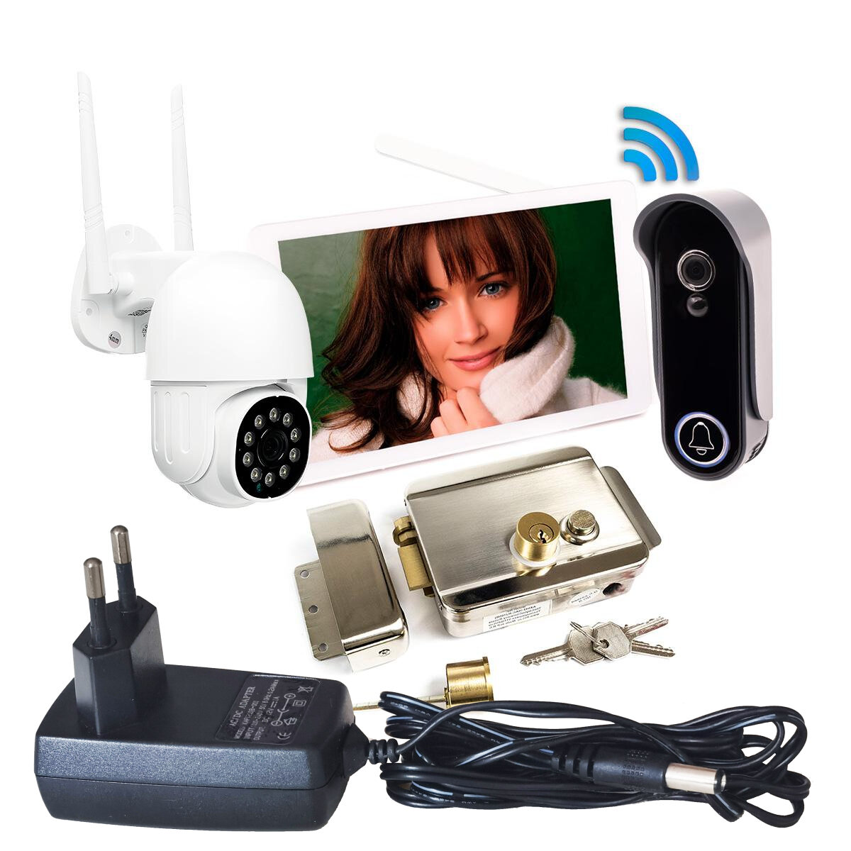 Комплект радиодомофон SkyNet 1100-Tuya (1+1+AX042)-TFT (Y13247YKS): беспроводной домофон, беспроводная аккумуляторная вызывная панель и уличная 5mp