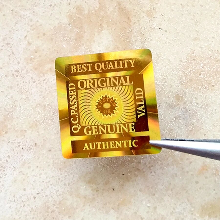 Голографические стикеры "BEST QUALITY", "ORIGINAL", "GENUINE AUTHENTIC", "VALID", "TESTED OK", золотые, 15x15 мм, 2000 шт.