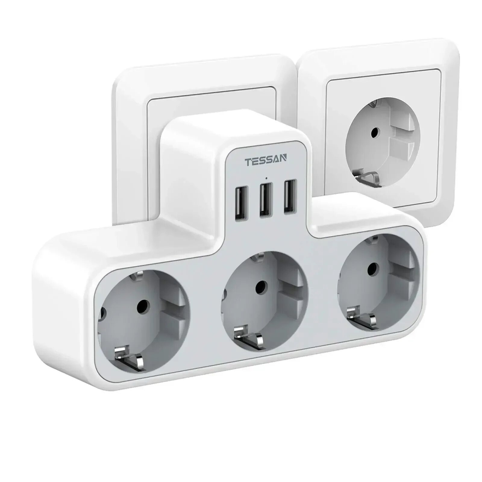 TESSAN Сетевой фильтр 6-в-1, серый, 3 розетки, 3 USB