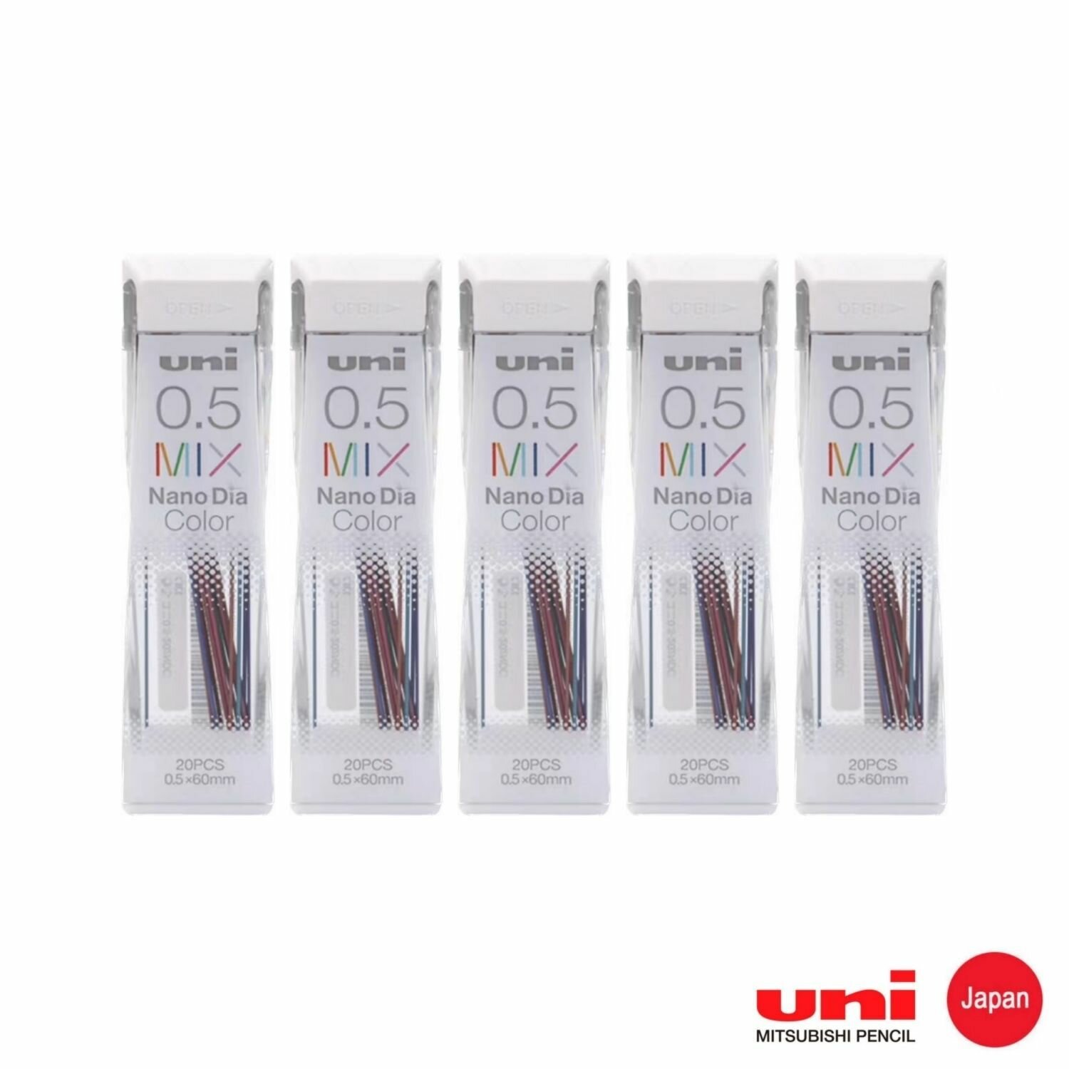 Цветные грифели (стержни) для механического карандаша Uni 202NDC, 5 пенала по 20 стержней, 0,5мм микс