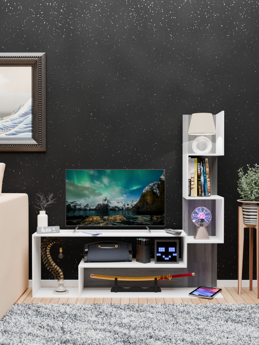 Тумба напольная деревянная под телевизор от бренда "Мебель от Прудникова" белая + бетон