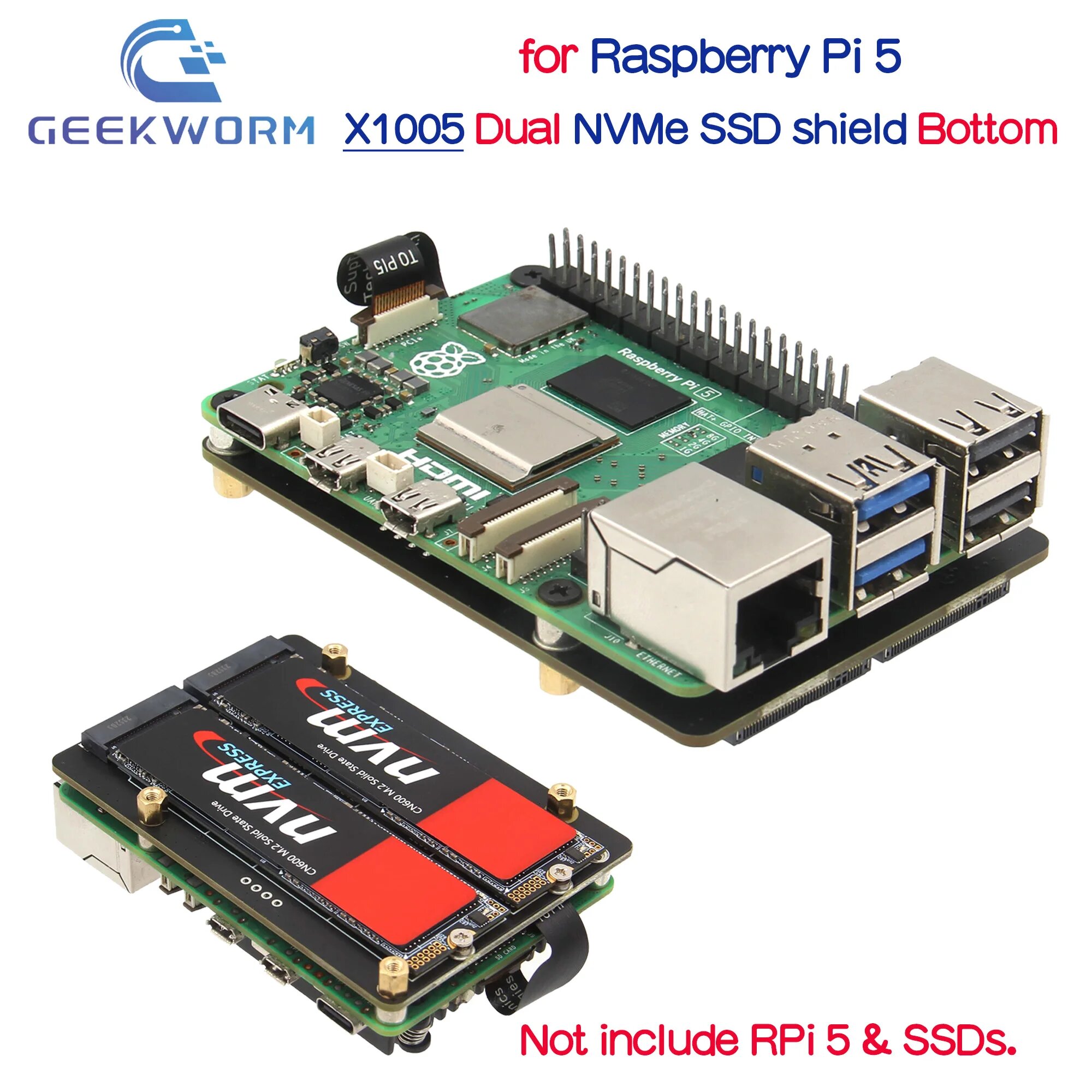 Geekworm X1005 двойной адаптер NVMe для Raspberry Pi 5 — фото 1