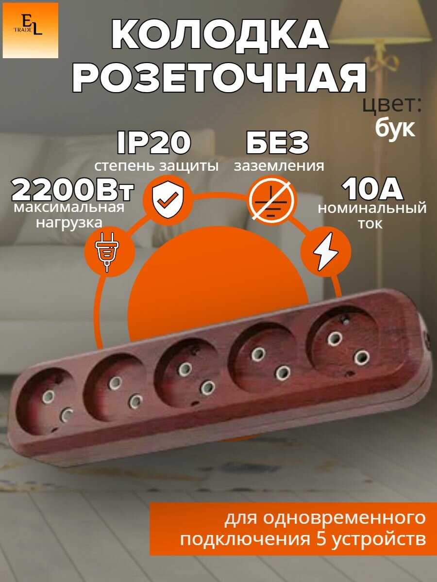 Колодка электрическая 5 гнезд розеточная (2П, без заземления, 10А, 250В, бук, Эко, IP20)