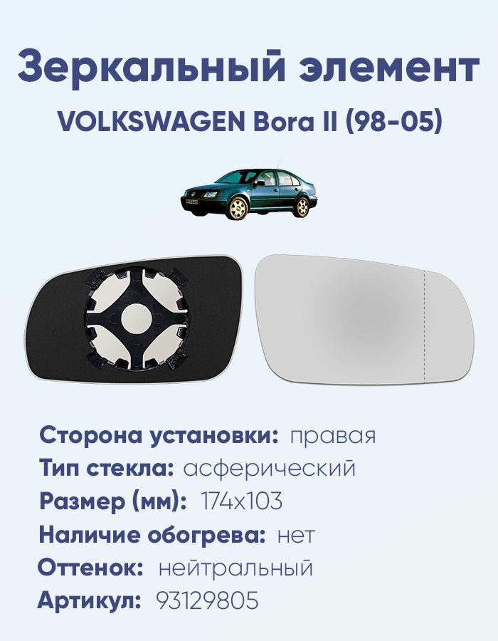 Зеркальный элемент правый VOLKSWAGEN Bora II (98-05) асферика нейтральный без обогрева