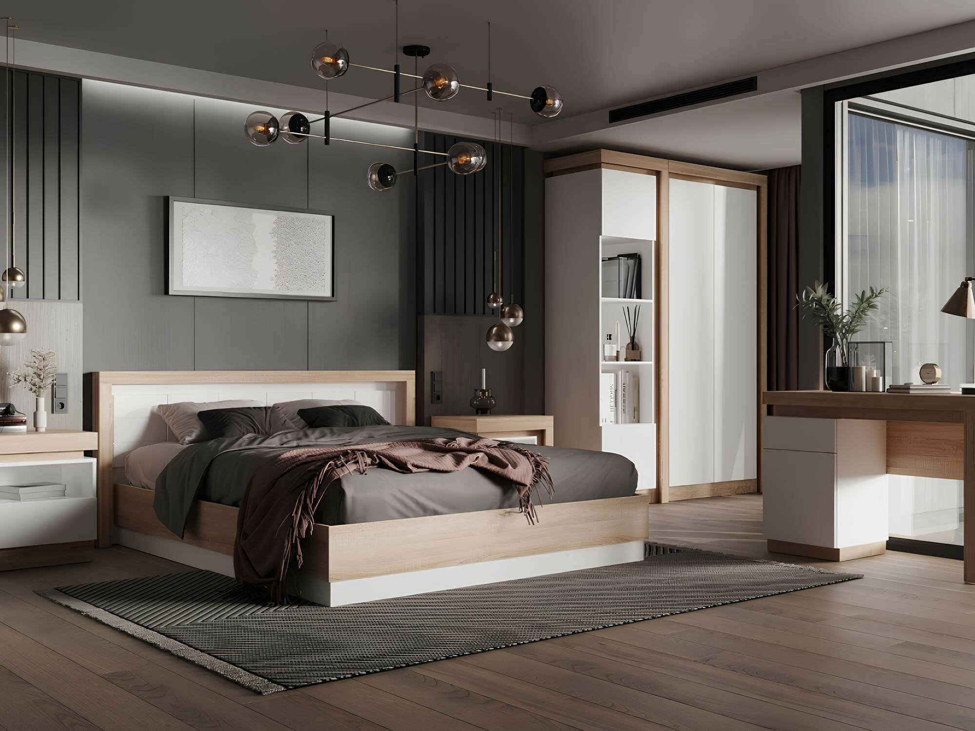 Модульная Спальня, композиция 2, сп:160х200, Белый глянец/Сонома