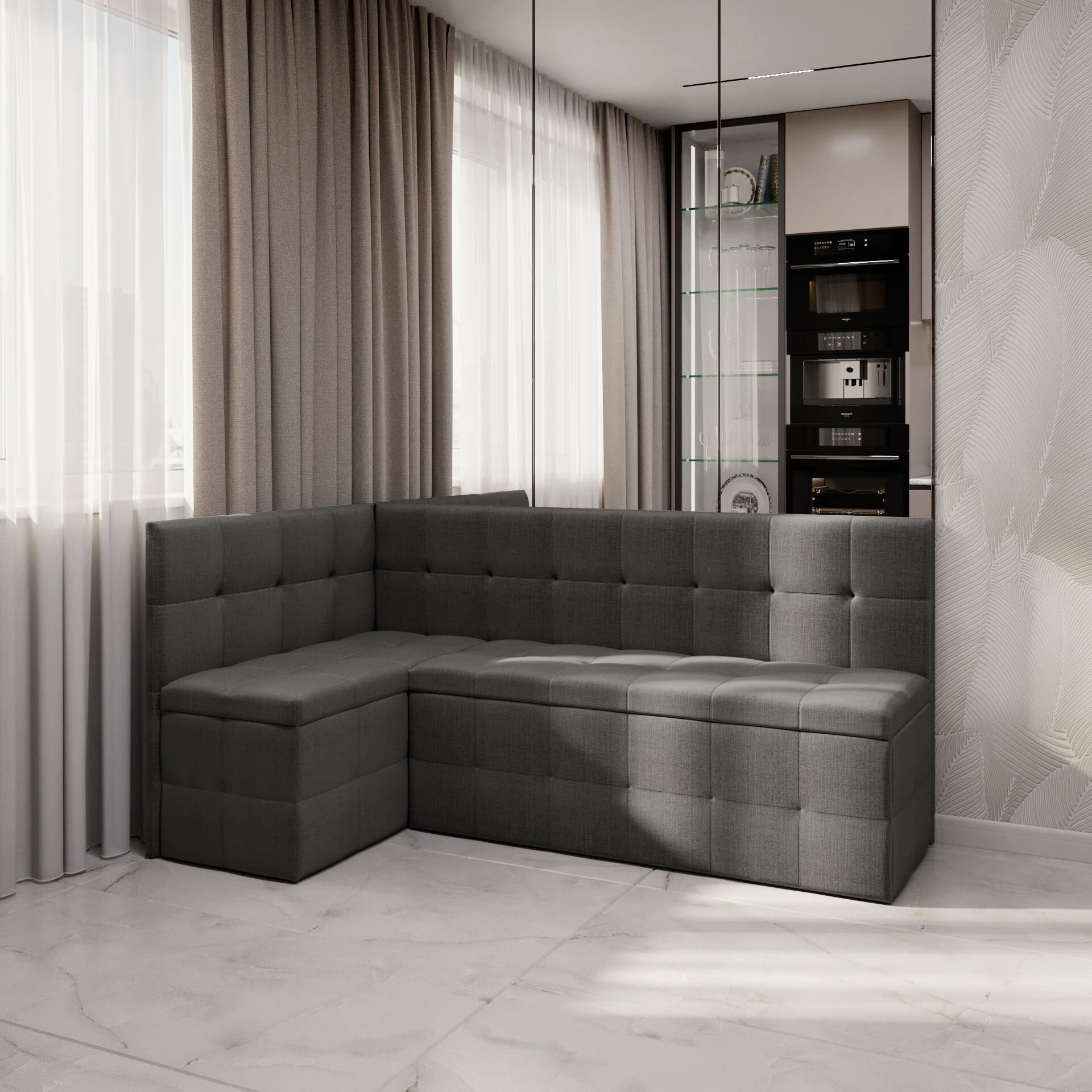 Диван кухонный угловой "Домино" D@E Factory со спальным местом, рогожка Саванна грей, угол универсальный