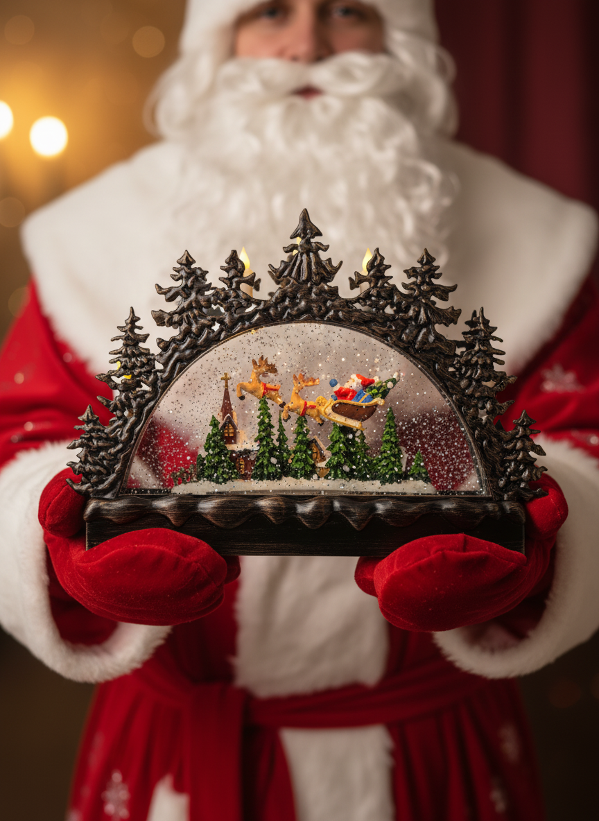 Новогодний фонарь- "Горка" с Дедом Морозом в оленьей упряжке, музыкальная LED, 2 режима. USB, 3 АА, размер: 33*23*5 см