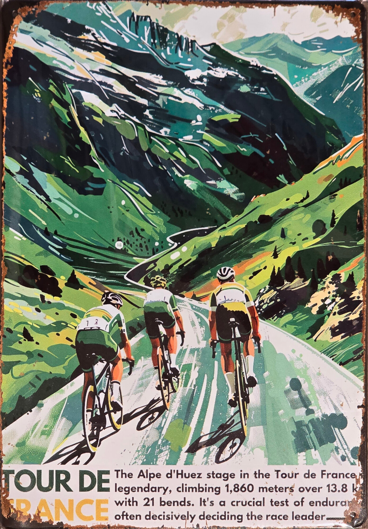 Металлическая интерьерная табличка велоспорт Tour de France ALPE D'HUEZ 20 х 30 см