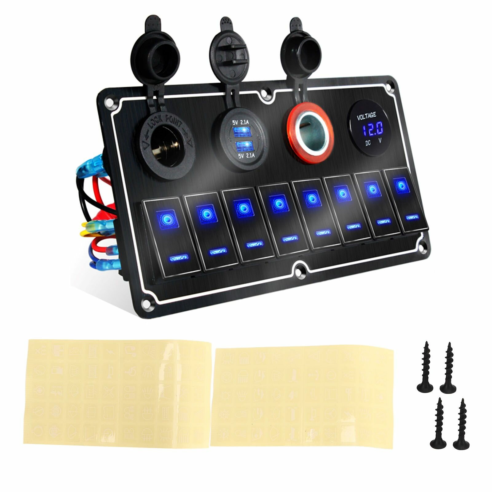 Панель переключателей 8 Gang Rocker от 12 до 24 В 2 синих светодиода с наклейкой DIY 5 Pin водонепроницаемая для автомобилей RV яхт судов