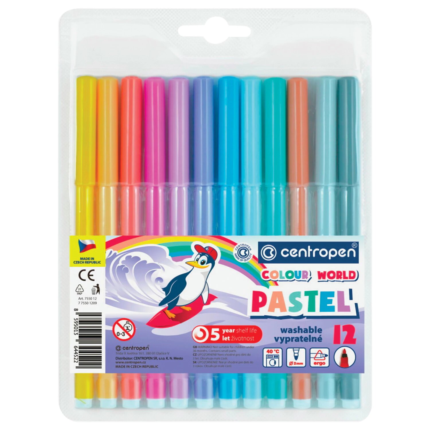 Фломастеры пастельные 12 цветов CENTROPEN "Colour World Pastel", смываемые, 7550/12TP