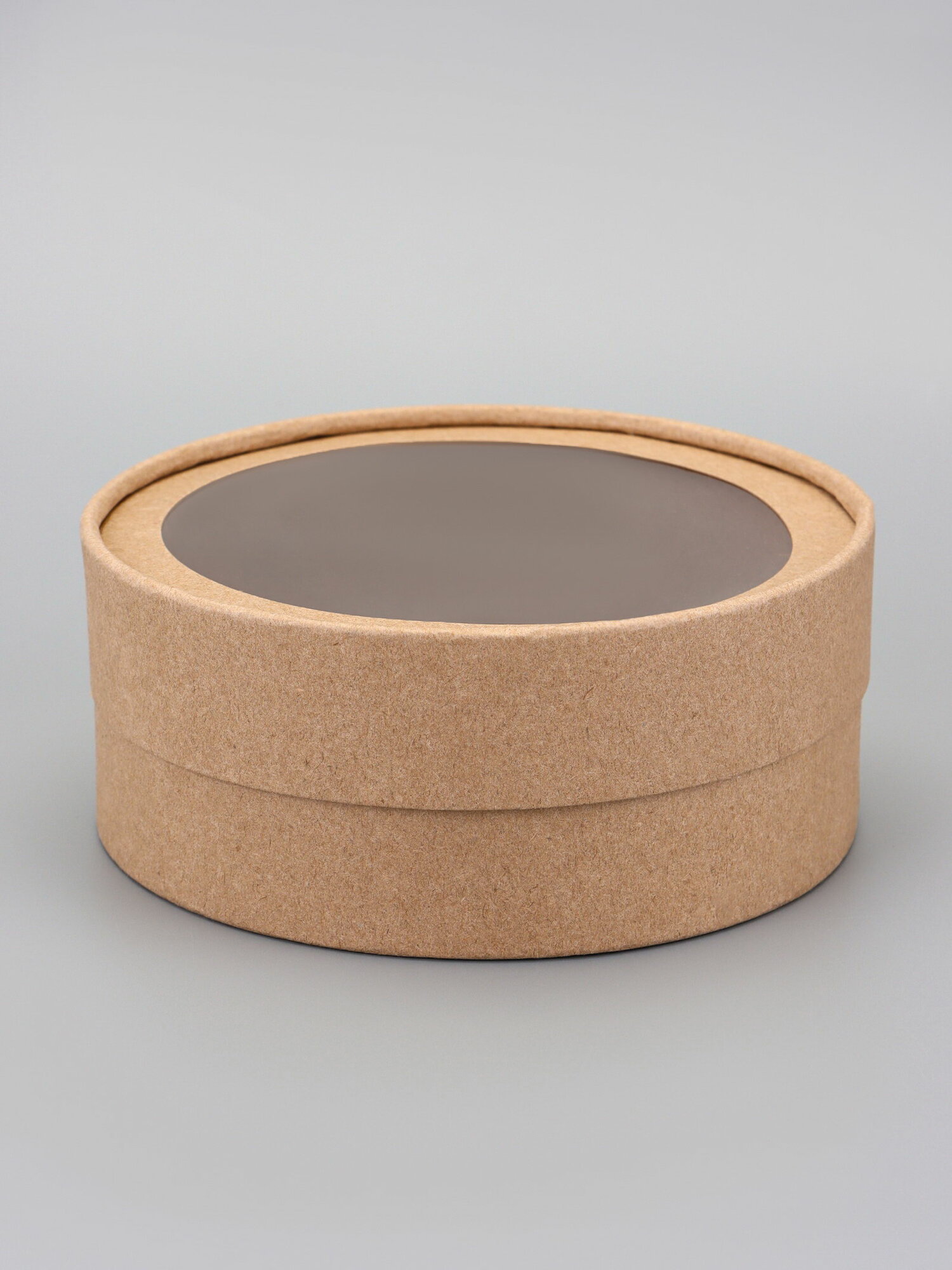 Коробка круглая подарочная, завальцованная с окном, крафт, 15x6 см