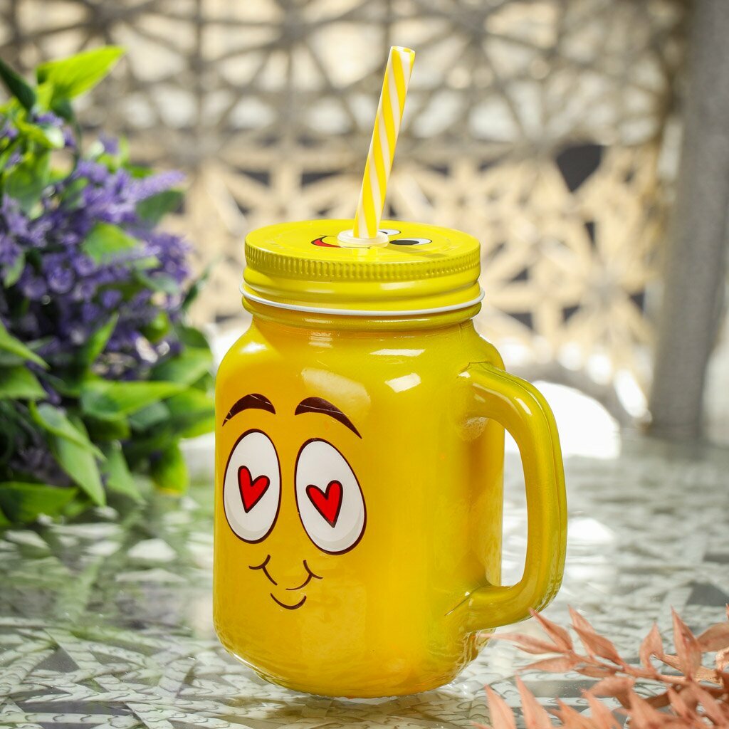 Кружка-банка для смузи и напитков Смайлик из стекла 450 мл с крышкой и трубочкой, стакан Y4-6540