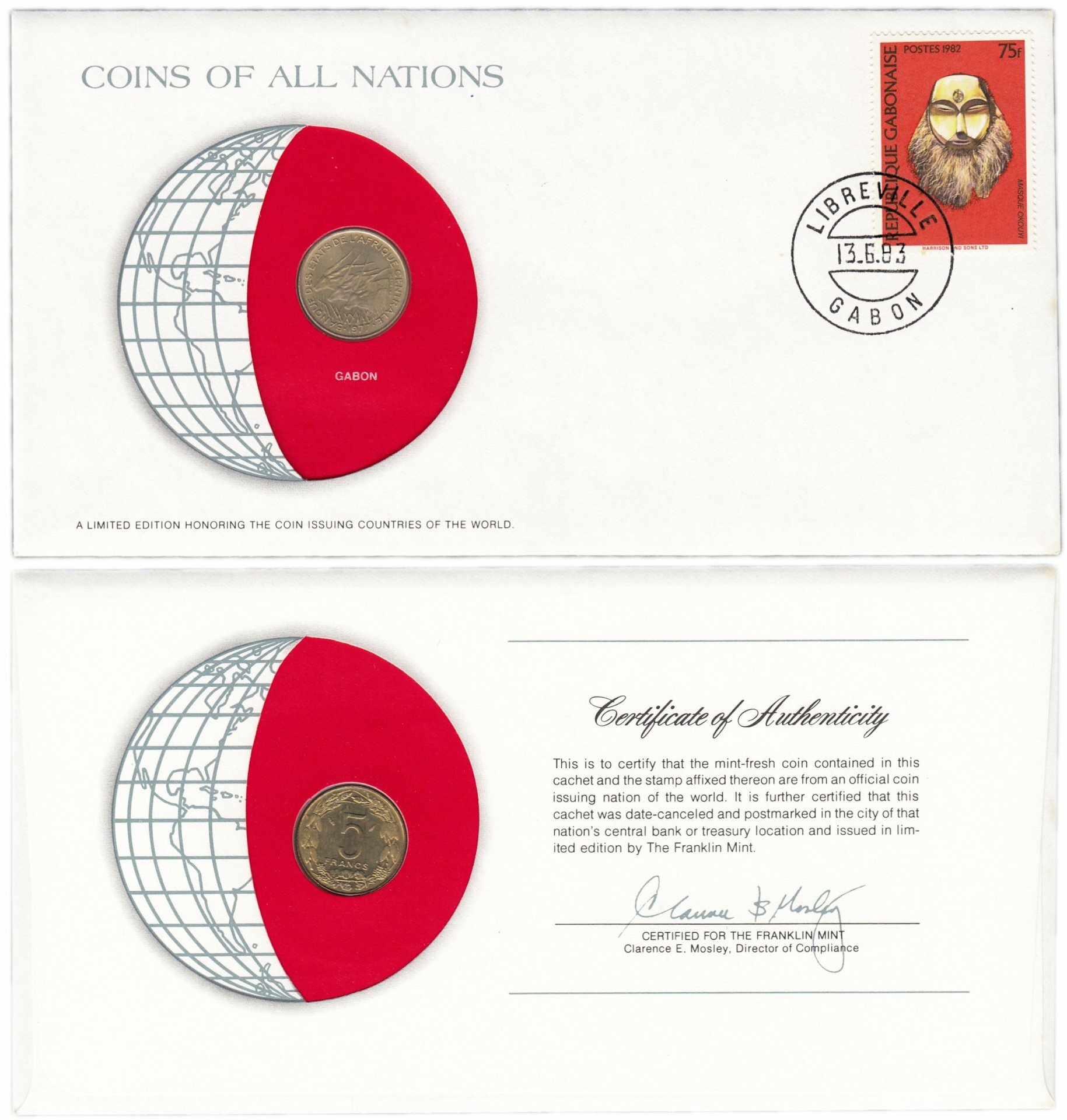 Серия "Монеты всех стран мира" - Центральная Африка BEAC 5 франков francs 1977 монета и 1 марка в конверте, Бронза, в сохранности UNC