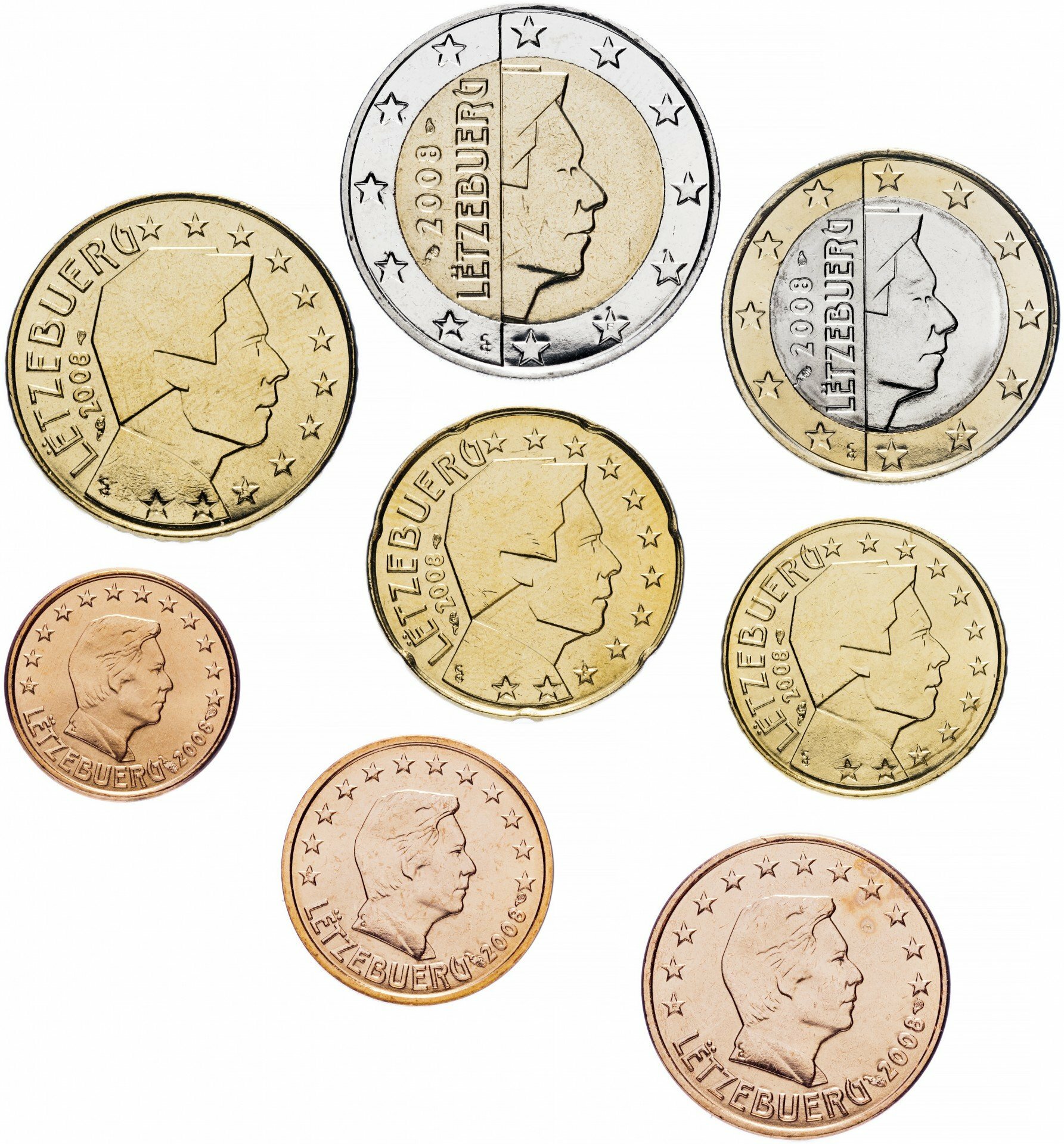 Люксембург полный годовой набор монет евро для обращения 2008 8 штук, Биметалл, в сохранности UNC